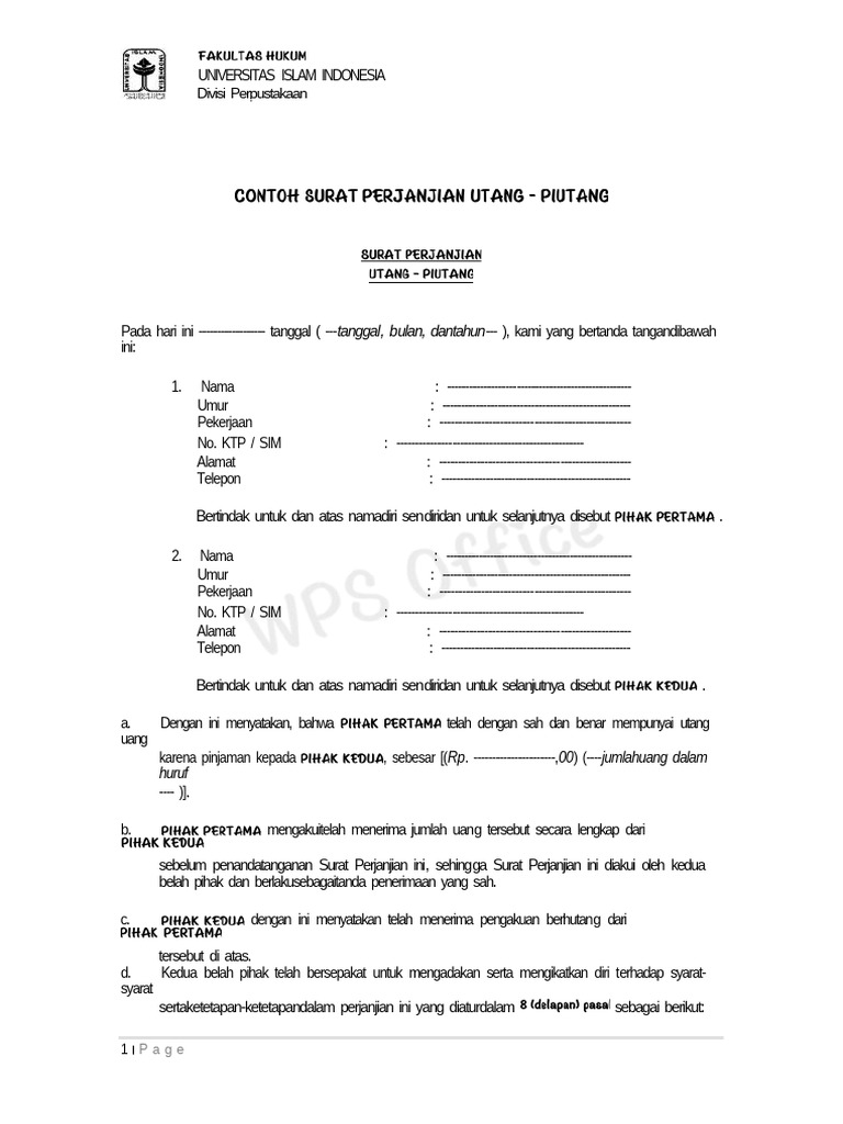 Contoh Surat Perjanjian Utang Piutang FH UII | PDF