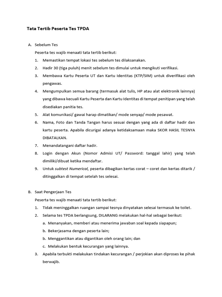 Tata Tertib Peserta Tes TOEP Dan TPDA PLTI Khusu UT | PDF