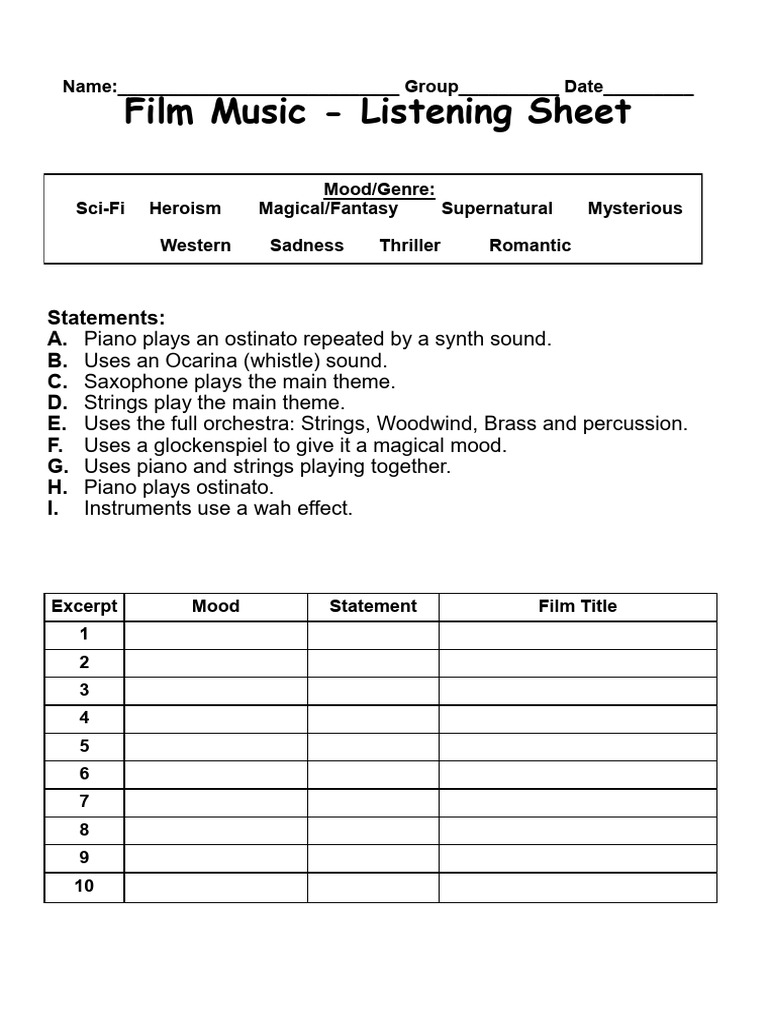 Film Music Listening Sheet | PDF