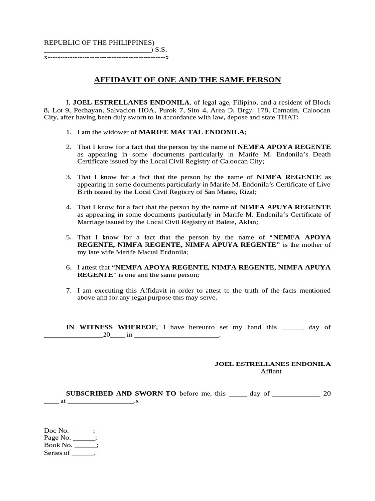 Affidavit of One and The Same Person | PDF