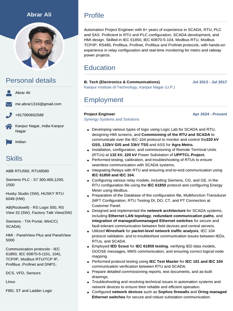 Abrar CV RTU Commisioning EXP 6 Years | PDF | Scada | Computer Network