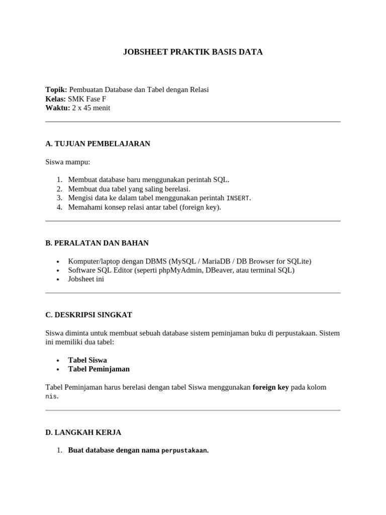 Jobsheet Praktik Basis Data Kelas Xi RPL 1 Dan Xi RPL 2 | PDF