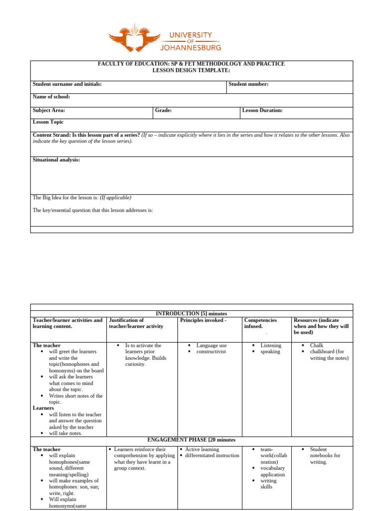 Enlish- Lesson Plan Template_generic | PDF | Learning | Procedural Knowledge