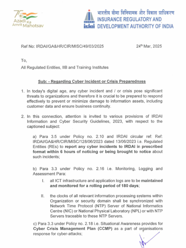 IRDAI Circular On Cyber Incident | PDF