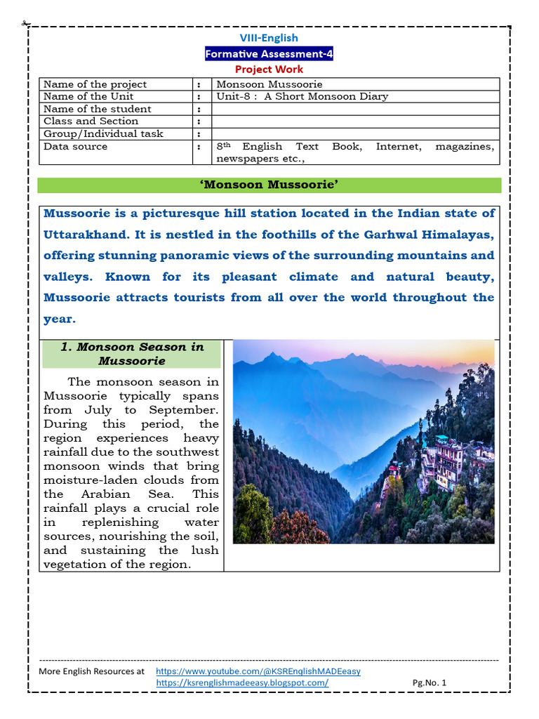 Chaduvu - 8 - ENG - FA4-English Poject Work by KSR Sir | PDF | Monsoon | Rain
