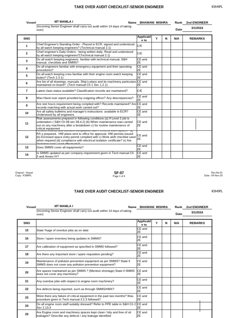 Senior Engineer Takeover Audit Checklist | PDF