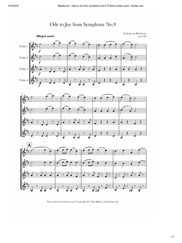 Beethoven - Ode To Joy From Symphony No.9 (Theme) 1 | PDF