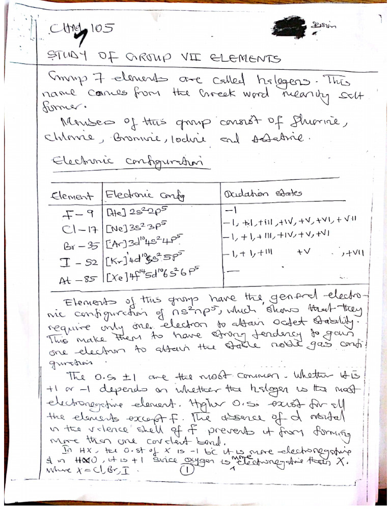 CHEM 105 Study of Group 7 Elements @abdul | PDF