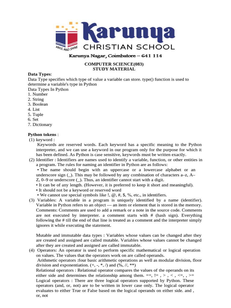 Study Material Cs - Grade 12 | PDF | Reserved Word | Data Type