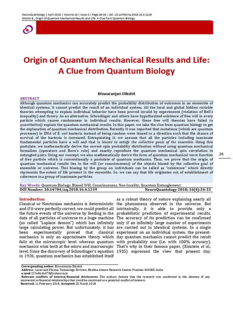 Origin of Quantum Mechanical Results and Life: A Clue From Quantum ...