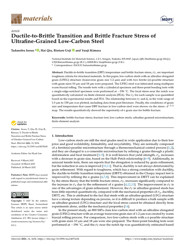 Ductile-To-Brittle Transition and Brittle Fracture Stress of Ultrafine-Grained Low-Carbon Steel ...