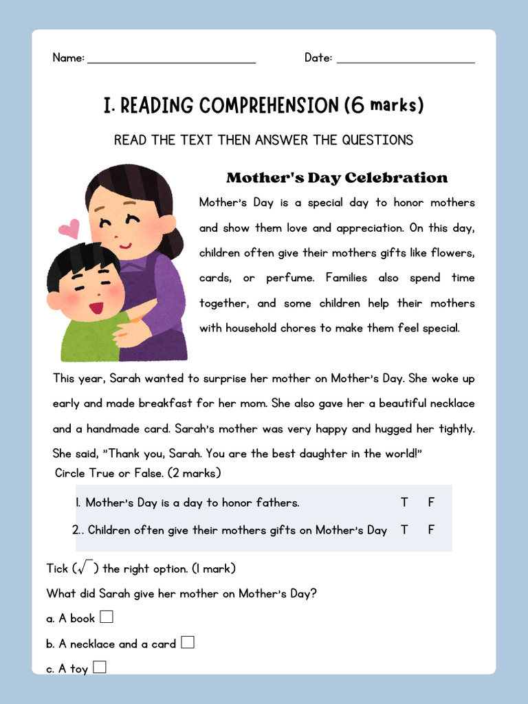 Daily Routine Reading Comprehension Worksheet in Blue White Cute Style ...