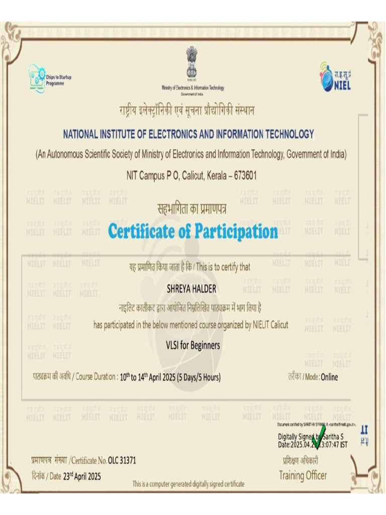 Vlsi Training Certificate | PDF