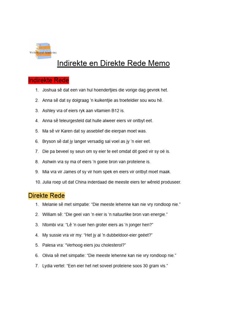 Indirekte en Direkte Rede Memo | PDF