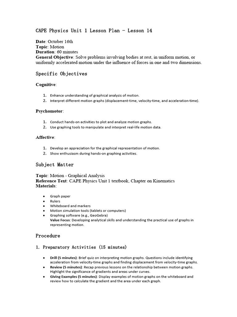 Motion Graphs Lesson Plan for CAPE Physics | PDF | Acceleration | Graph ...