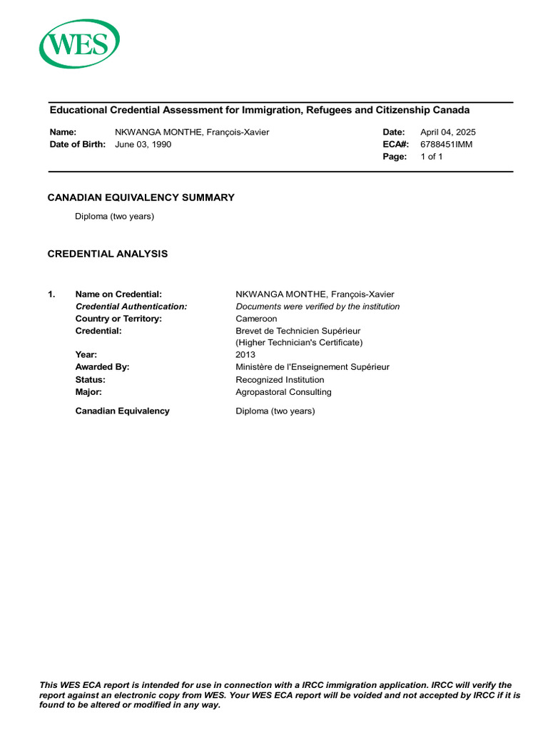 WES ECA Report for Canadian Immigration | PDF