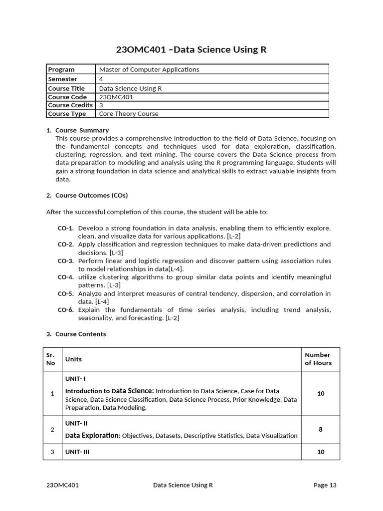 MCA - 4th Sem - 23OMC401 - Data Science Uisng R - Jayashree Kulkarni | PDF | Data Science | Data ...