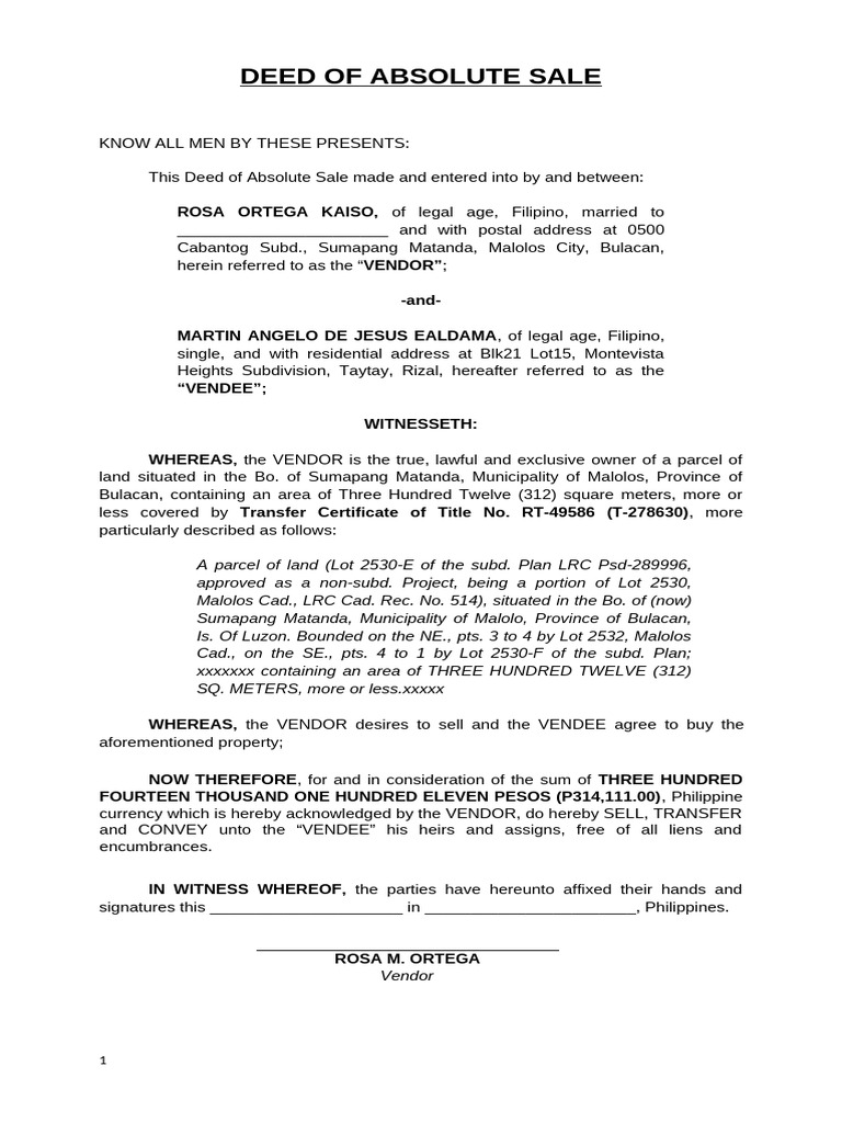 Deed of Absolute Sale Ealdama | PDF | Legal Documents | Private Law