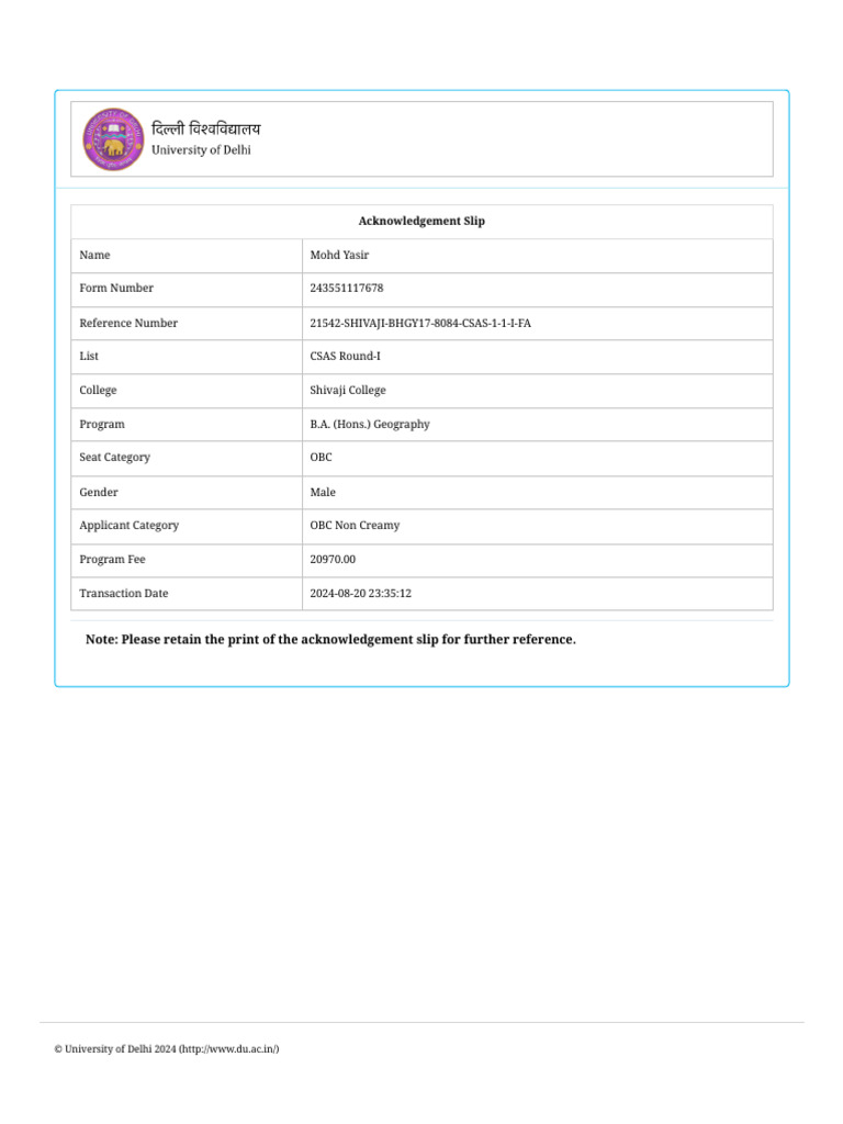 Acknowledgement Slip: © University of Delhi 2024 (HTTP://WWW - Du.ac ...