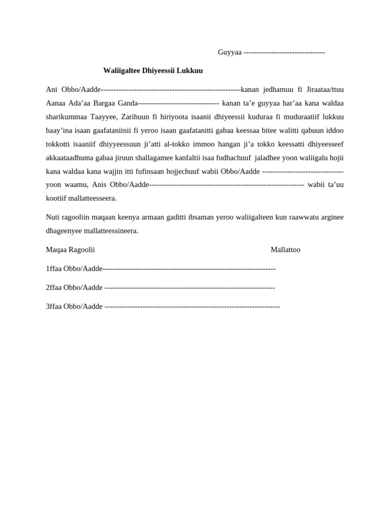 Waliigaltee Dhiyeessii Lukkuu | PDF