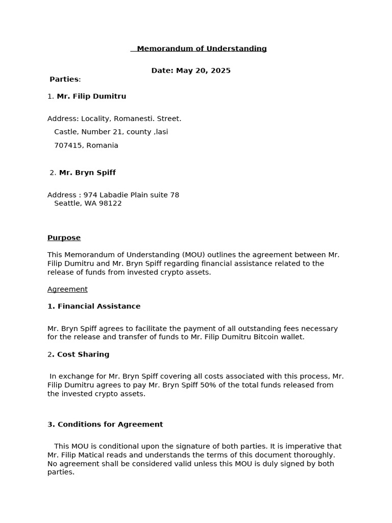 MOU For Mr. Filip Dumitru's | PDF