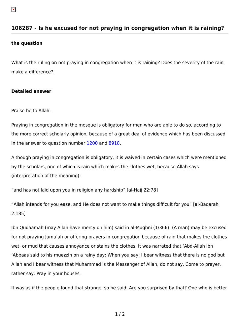 Is He Excused For Not Praying in Congregation When It Is Raining | PDF ...