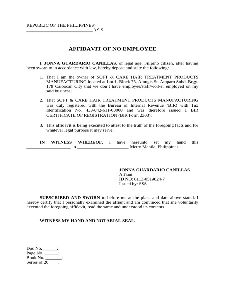 AFFIDAVIT OF NO EMPLOYEE | PDF | Affidavit | Government Finances