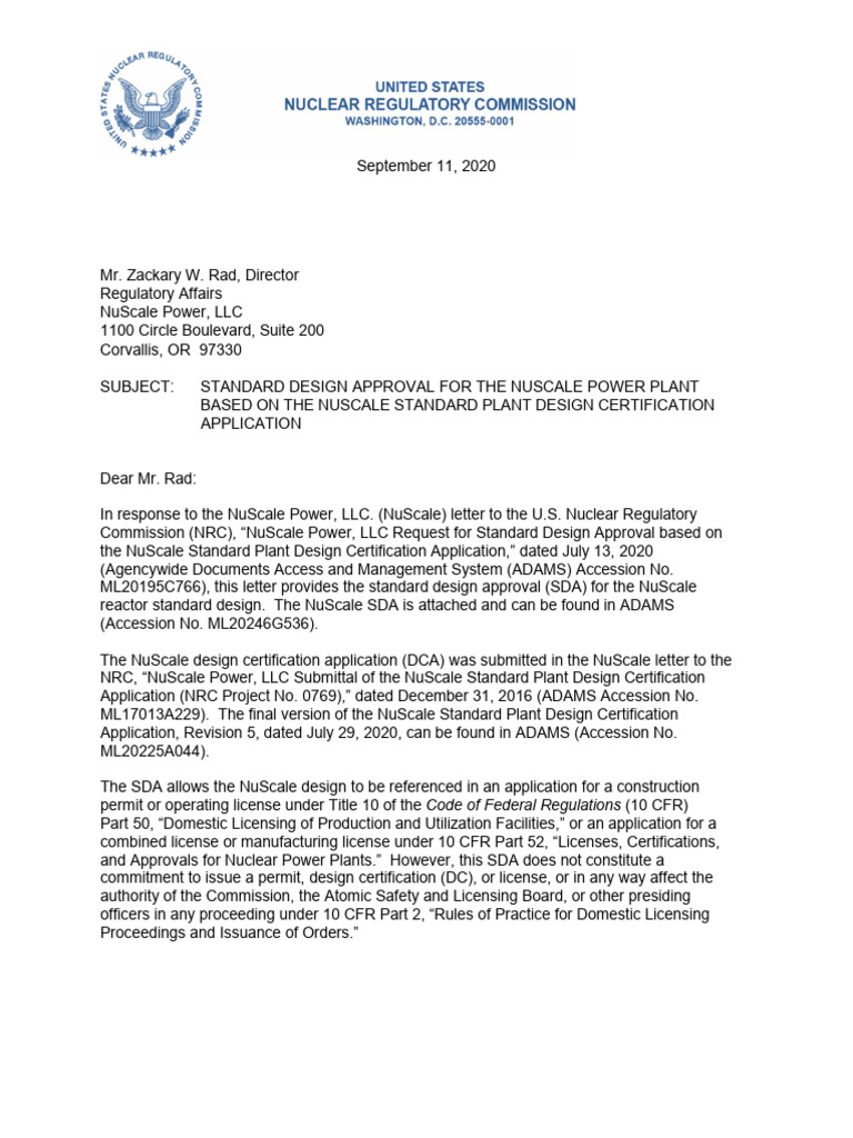 US NRC 2020 Approval for NuScale 50 MWe | PDF | Nuclear Regulatory Commission | Radioactivity