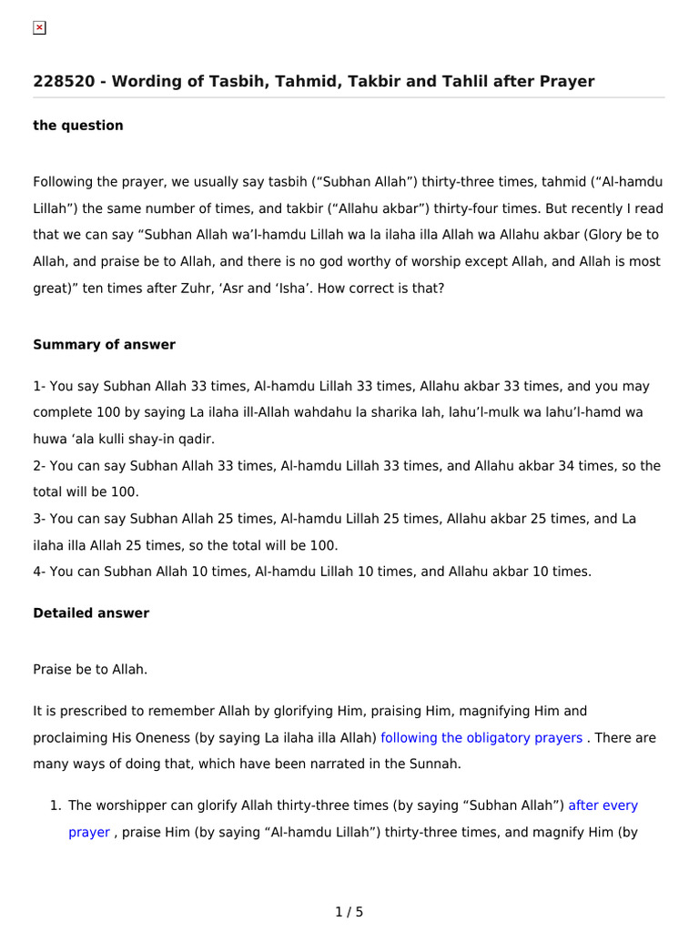 Wording of Tasbih Tahmid Takbir and Tahlil After Prayer | PDF | God In ...