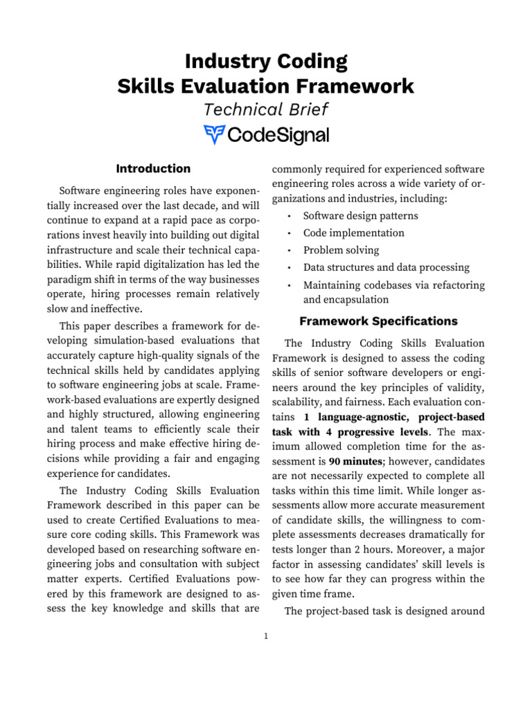 Industry Coding Skills Evaluation Framework CodeSignal Skills Evaluation Lab Short | PDF ...