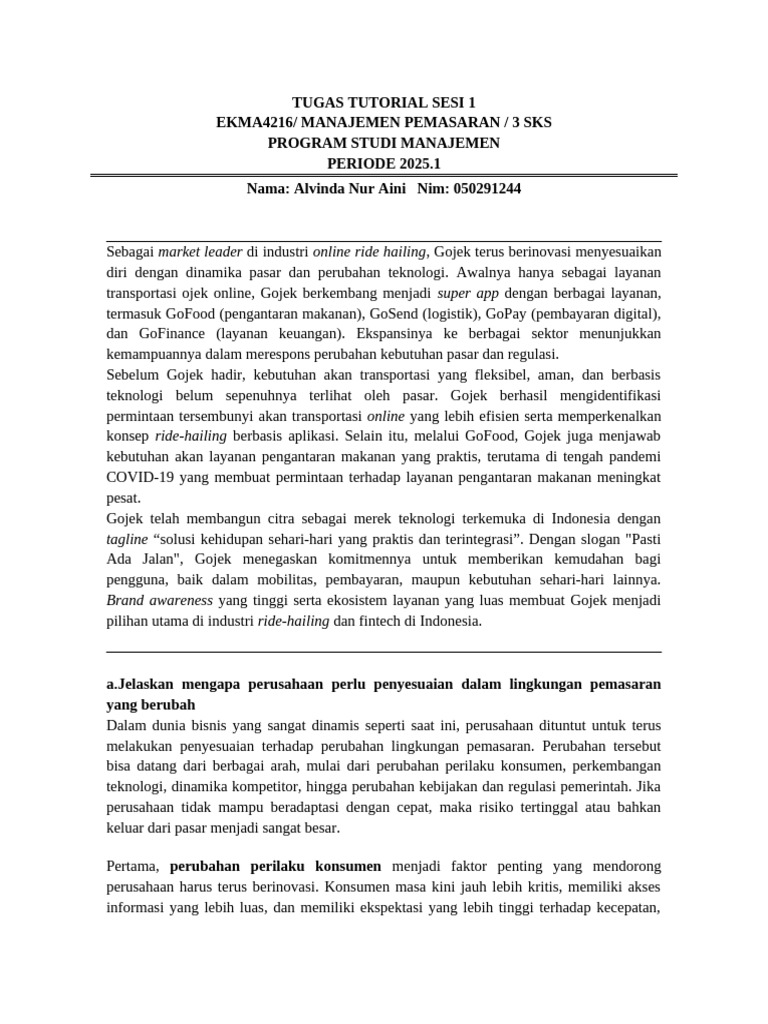 TUTON SESI 1 - MANAJEMEN PEMASARAN - Oleh Alvinda Nur Aini | PDF