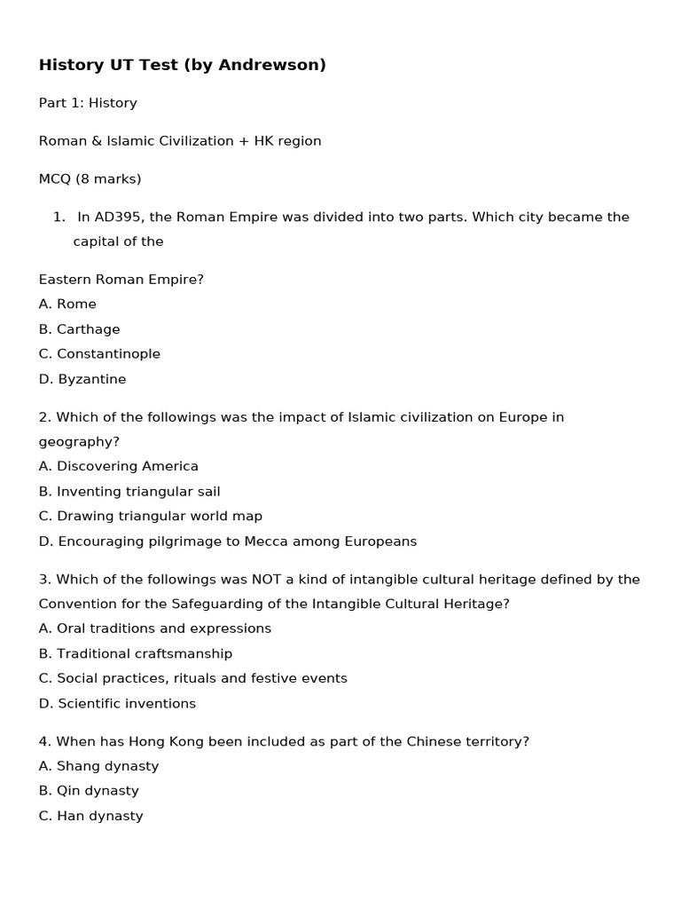 History UT Test (By Andrewson) | PDF | Roman Empire | Calendar