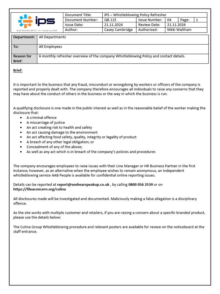 Quality Brief - 115 - IPS - Whistleblowing Policy Refresher - V4_Ver 4 ...