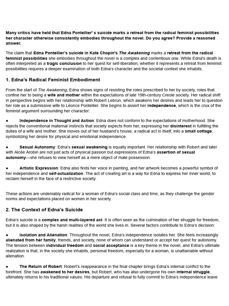 Edna Pontellier's Suicide: Feminist Debate | PDF | The Awakening ...
