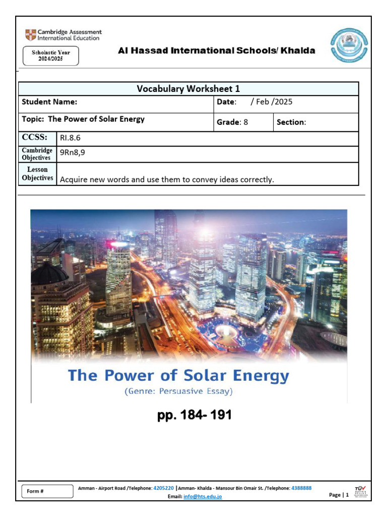 Vocabulary List 1 The Power of Solar Energy Answer Key | PDF ...