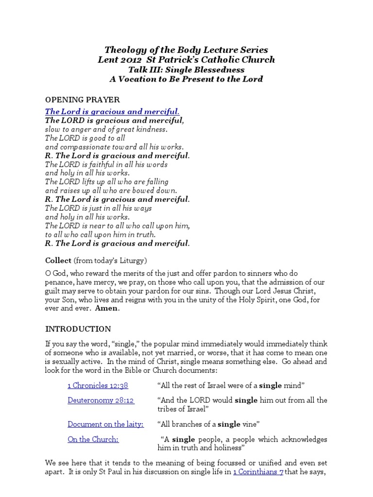 Single Blessedness: A Vocation To Be Present To The Lord | PDF ...