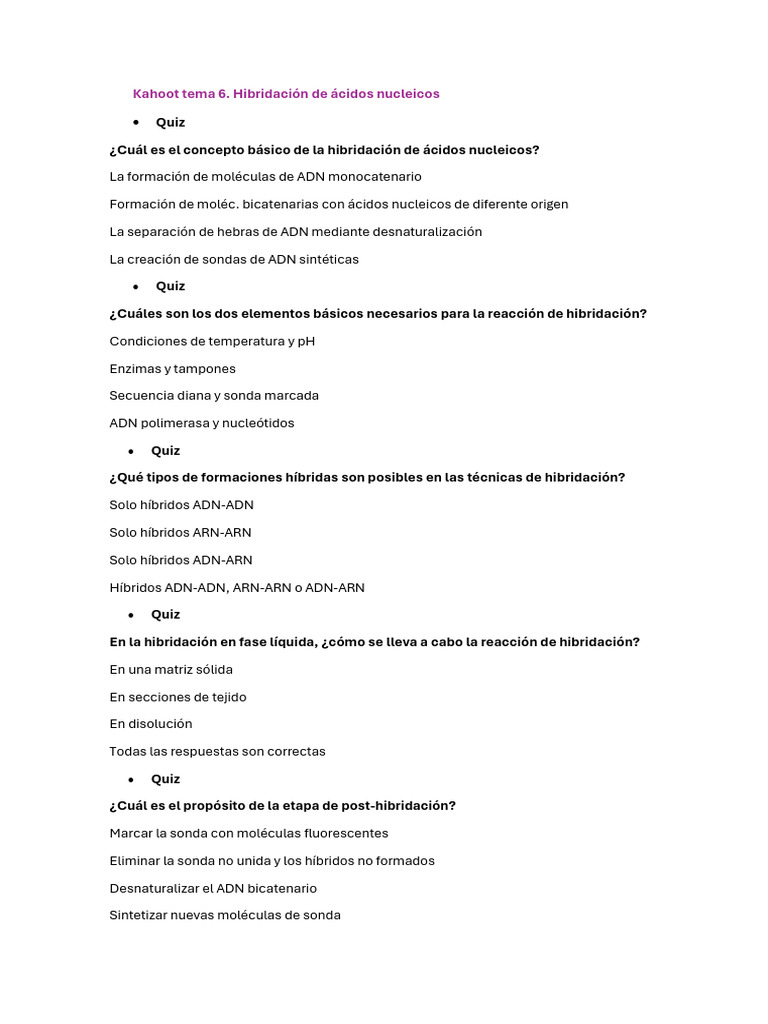 Kahoot Tema 6 - BMC | PDF | Hibridación de ácido nucleico | Adn