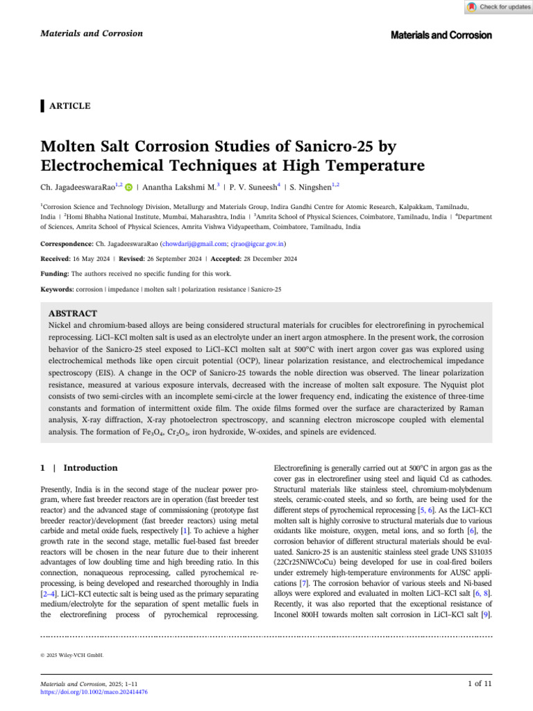 Materials Corrosion - 2025 - JagadeeswaraRao - Molten Salt Corrosion ...