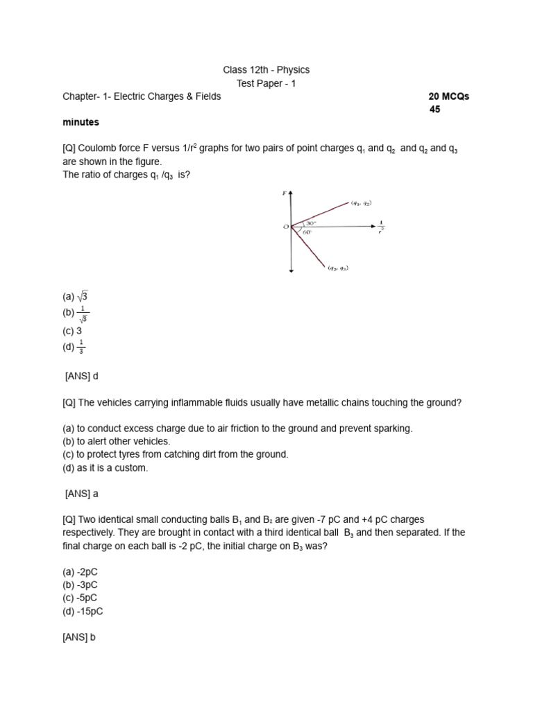 Class 12 Physics Electric Charges MCQs | PDF | Electric Field | Physics