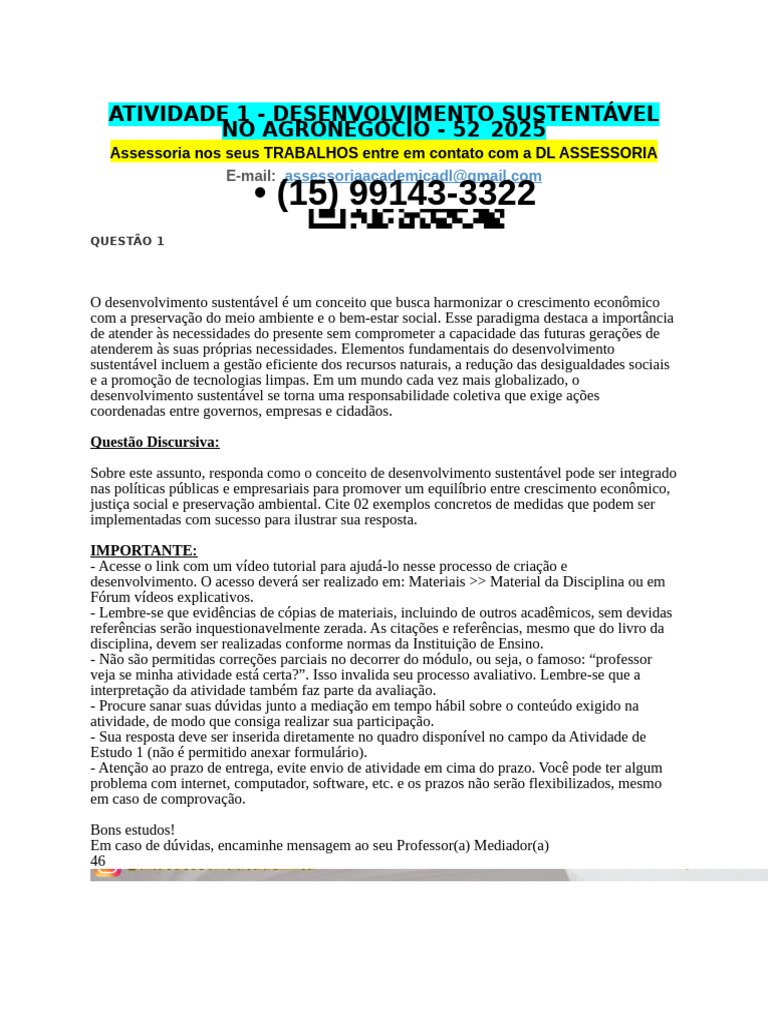 Atividade 1 - Desenvolvimento Sustentável No Agronegócio - 52 - 2025 ...