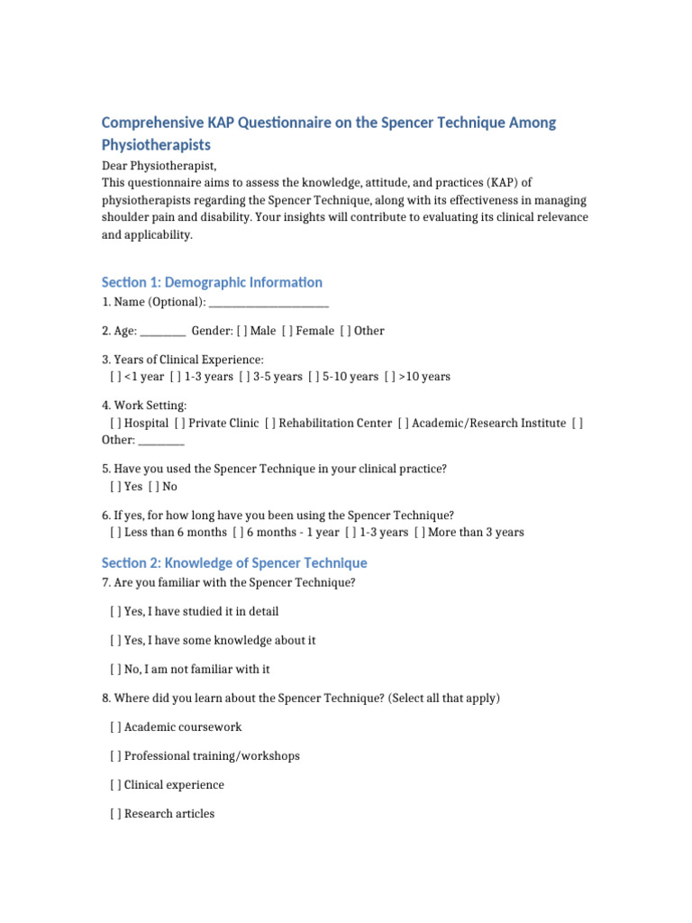 KAP Spencer Technique Questionnaire | PDF | Physical Therapy | Health Care