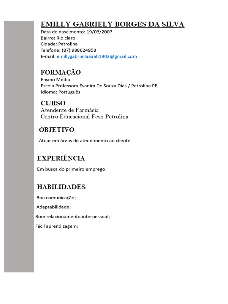 Emilly Gabriely Borges Da Silva Curriculo 1 | PDF