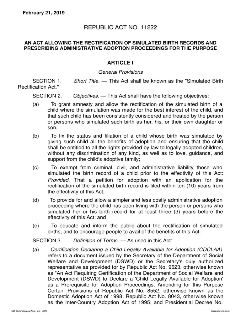 RA 11222 Simulated Birth Rectification Act | PDF | Adoption | Birth ...