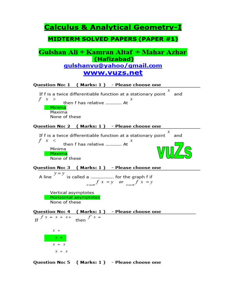 Mth101 Midterm Past Papers | PDF | Calculus | Mathematical Analysis