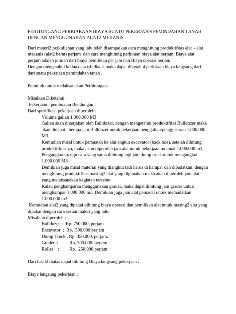 Perhitungan Perkiaraan Biaya Suatu Pekerjaan Pemindahan Tanah Mekanis | PDF