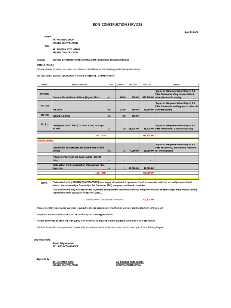 Quotation For Casting of R.C. Piles For School Building Project | PDF ...