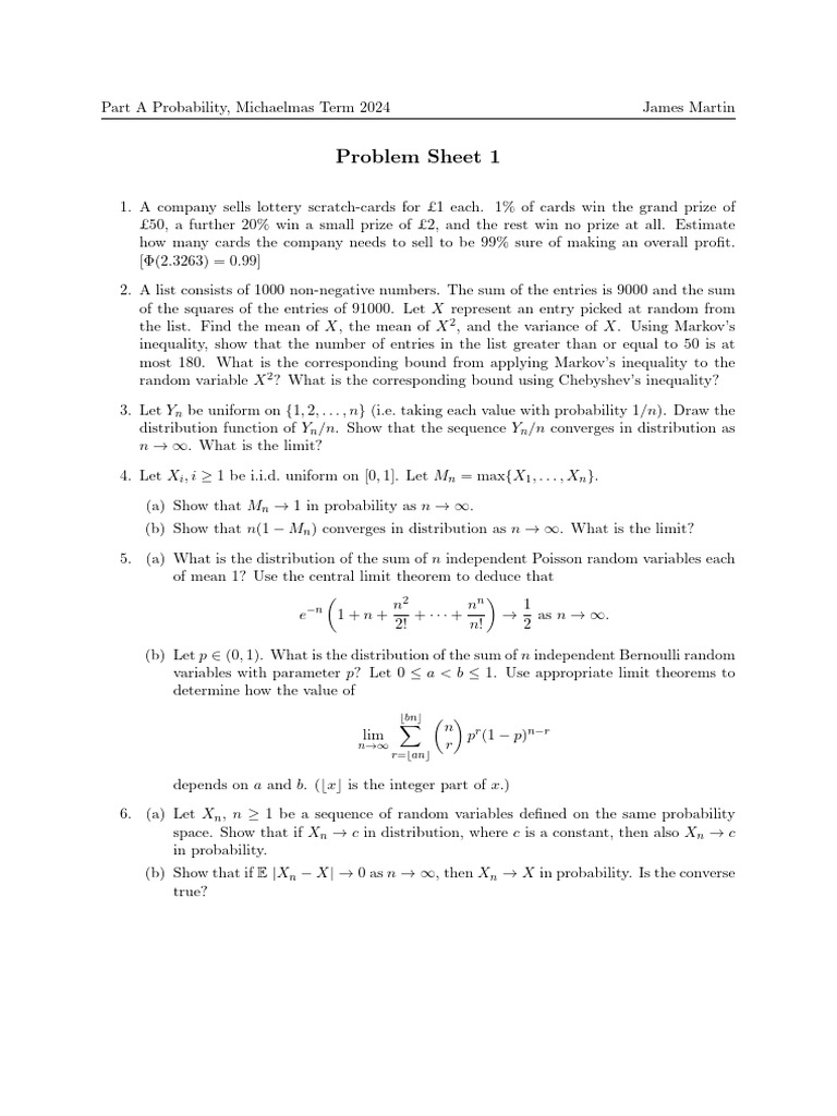 A8 Probability Sheet 1 MT2024 | PDF | Statistical Models | Measure Theory
