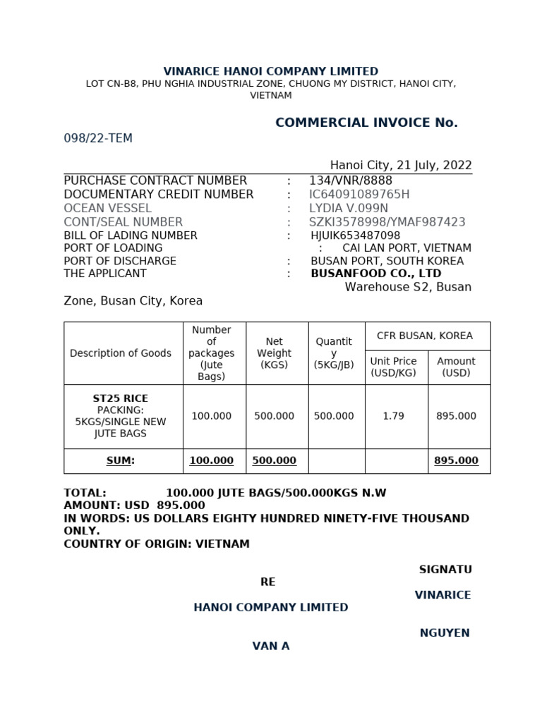 Commercial Invoice for ST25 Rice Shipment | PDF