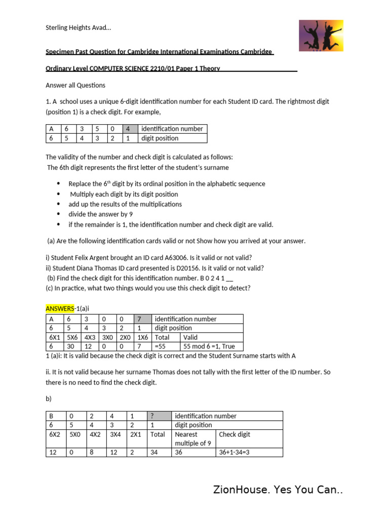Specimen Past Question For Cambridge International Examinations ...