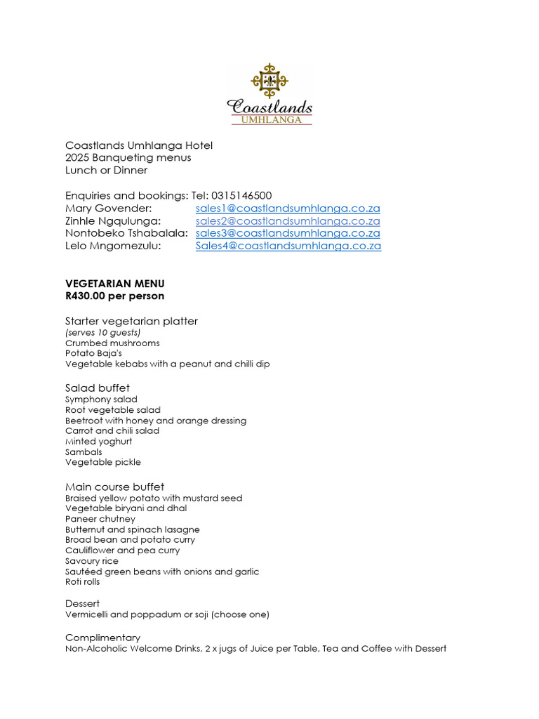 Coastlands Umhlanga Buffet Menus 2025 | PDF | Hors D'oeuvre | Salad